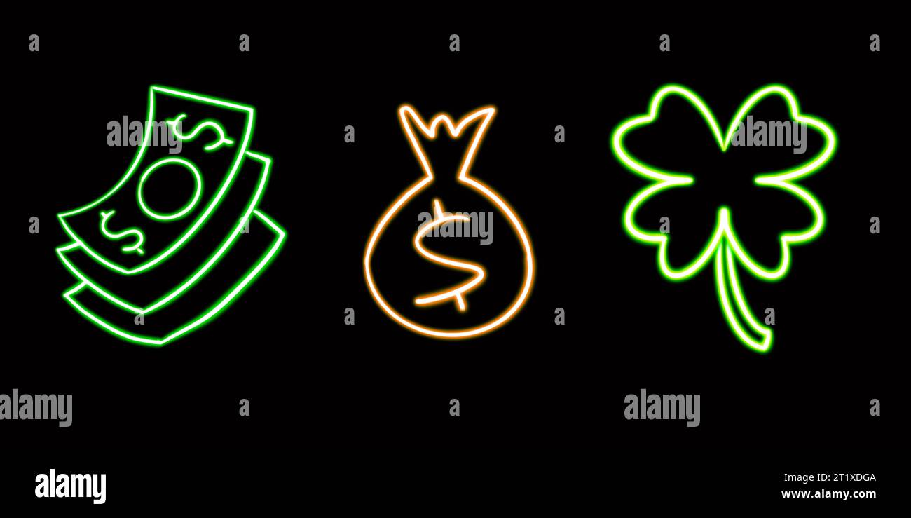 Neon Finance Set, Four-Leaf Clover, Money Bag, Banknotes. glowing ...