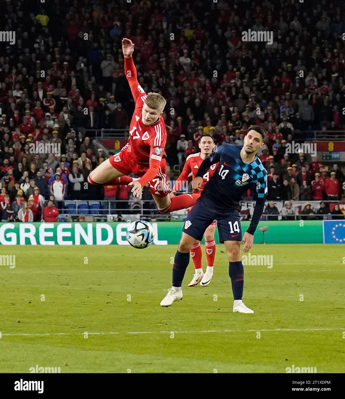 Cardiff,UK, 15 Oct 2023 Jordan James (Wales) (L) Josip Brekalo (Croatia ...