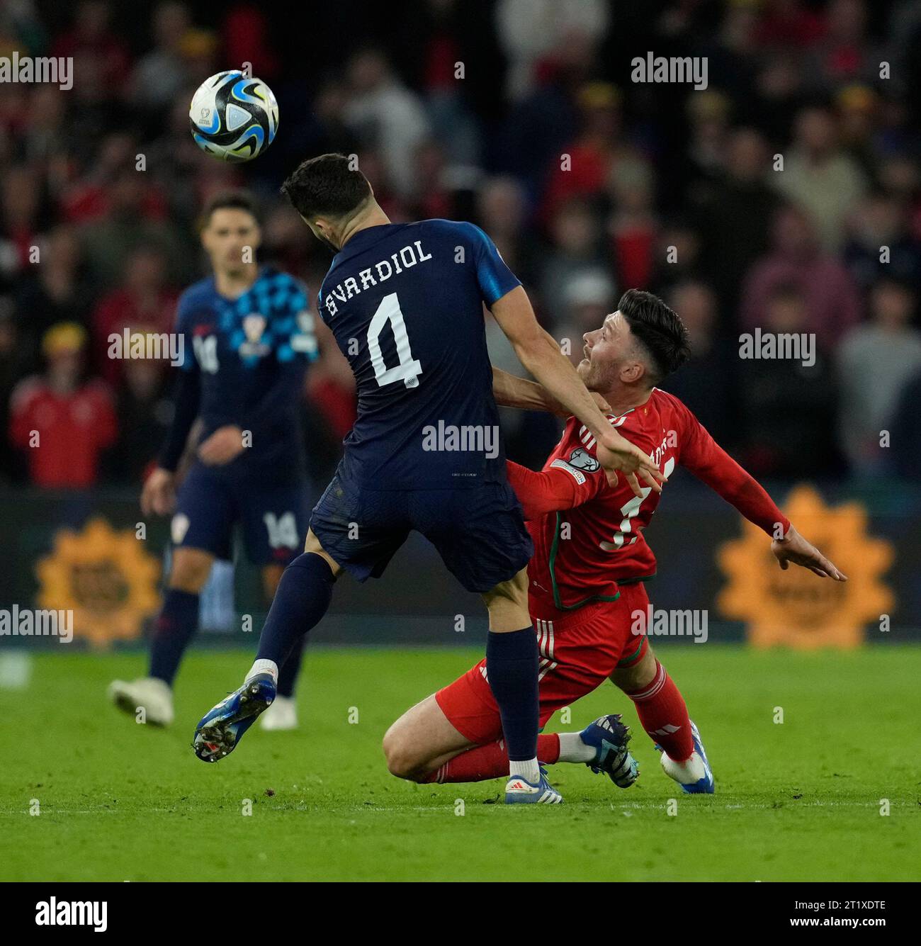 Cardiff,UK, 15 Oct 2023 Josko Gvardiol (Croatia) (L) Kieffer Moore ...