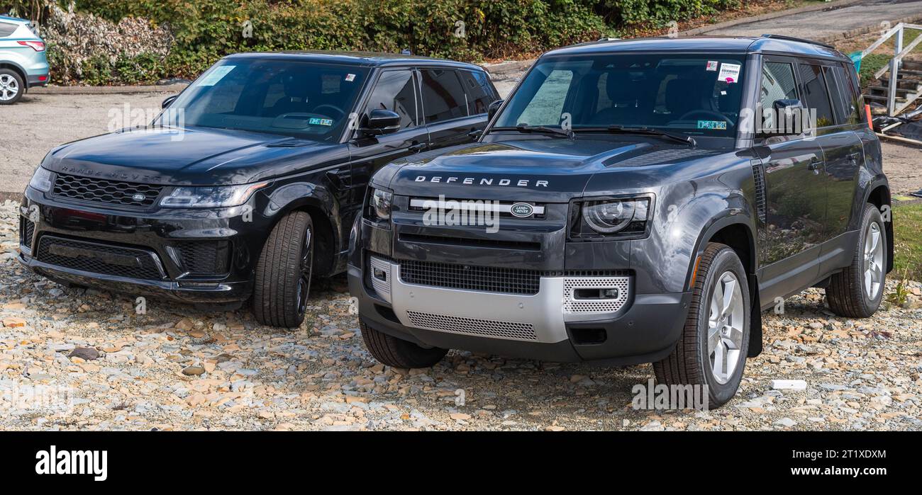 Two black Land Rover SUVs, a Defender and a Discovery for sale at a ...