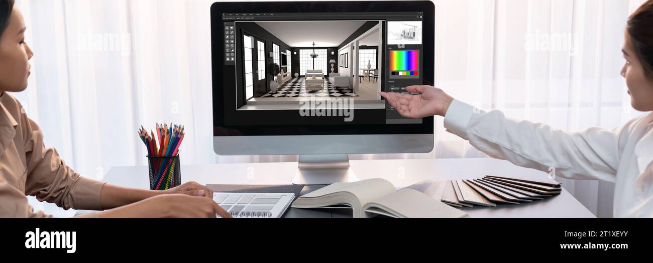 Group of interior architect designer discussing together on blueprint ...