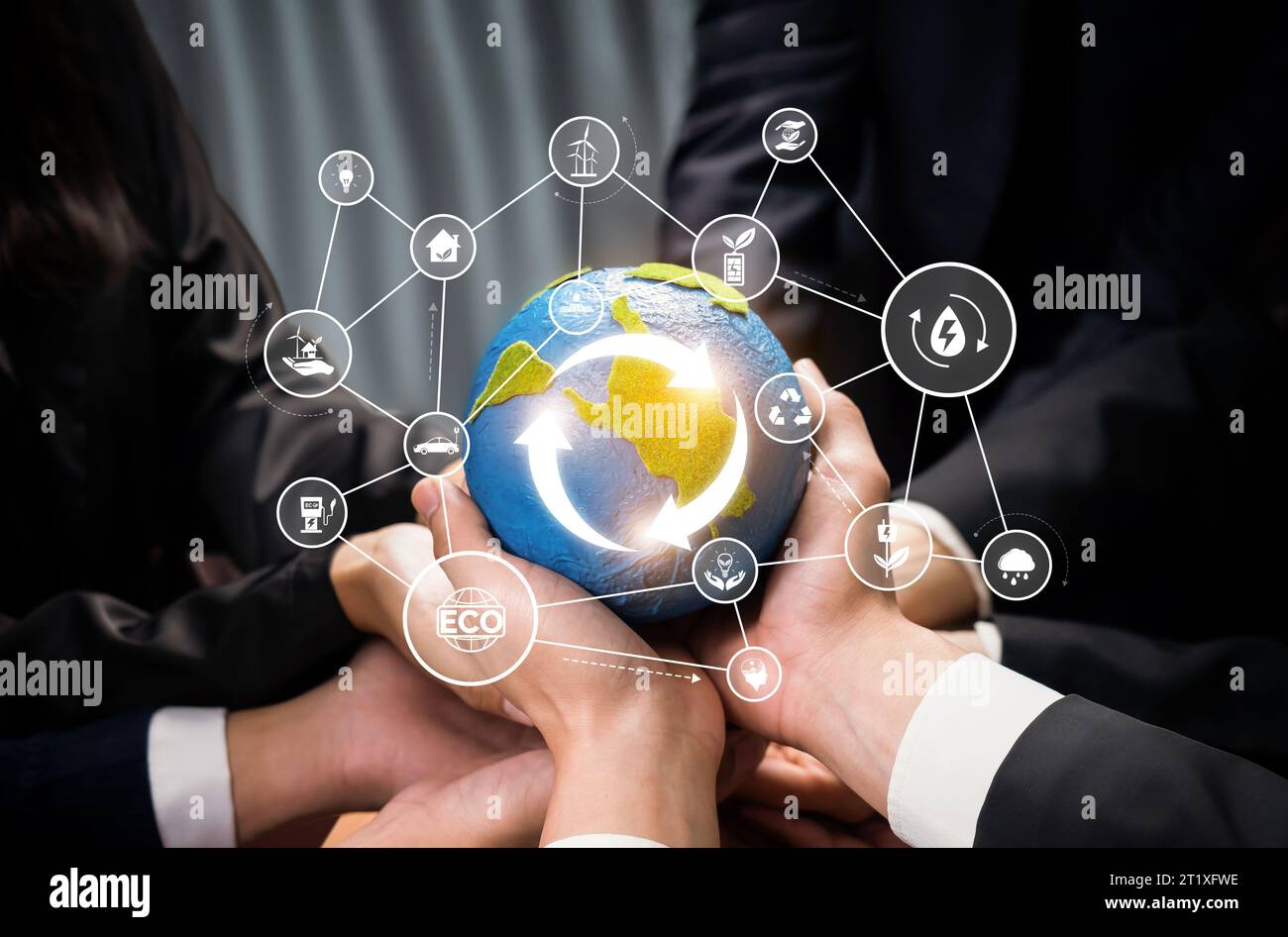 Business partnership holding Earth globe together with eco ...