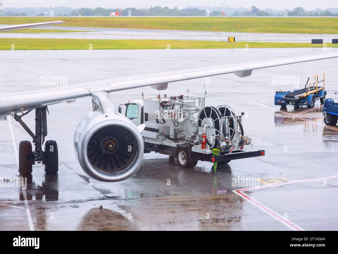 Ground services are servicing passenger plane before it takes off for ...