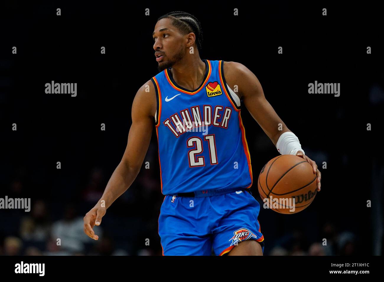 Oklahoma City Thunder guard Aaron Wiggins looks for an open play in the second half of an NBA ...