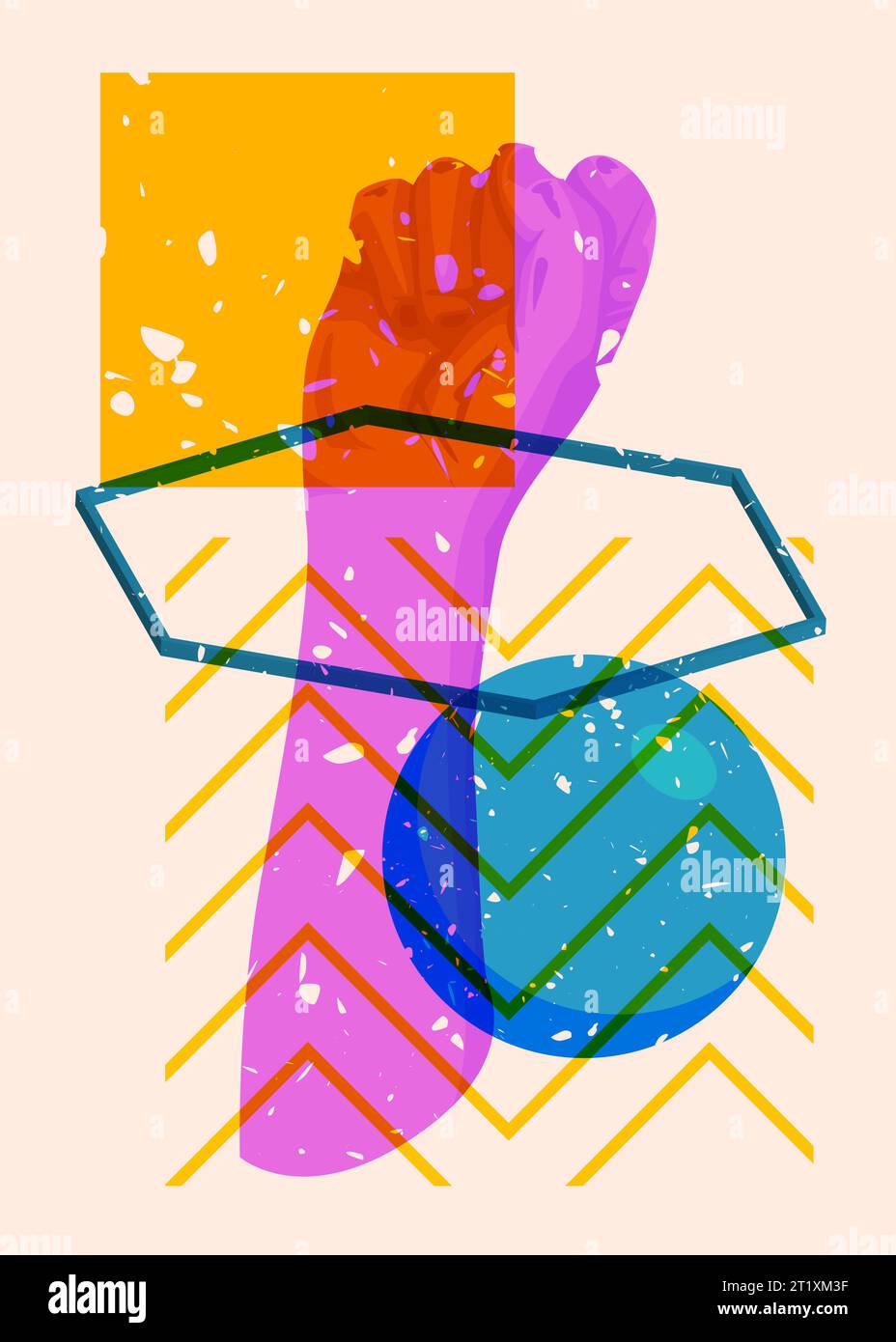 Risograph clenched, raised fists with geometric shapes, trendy riso ...