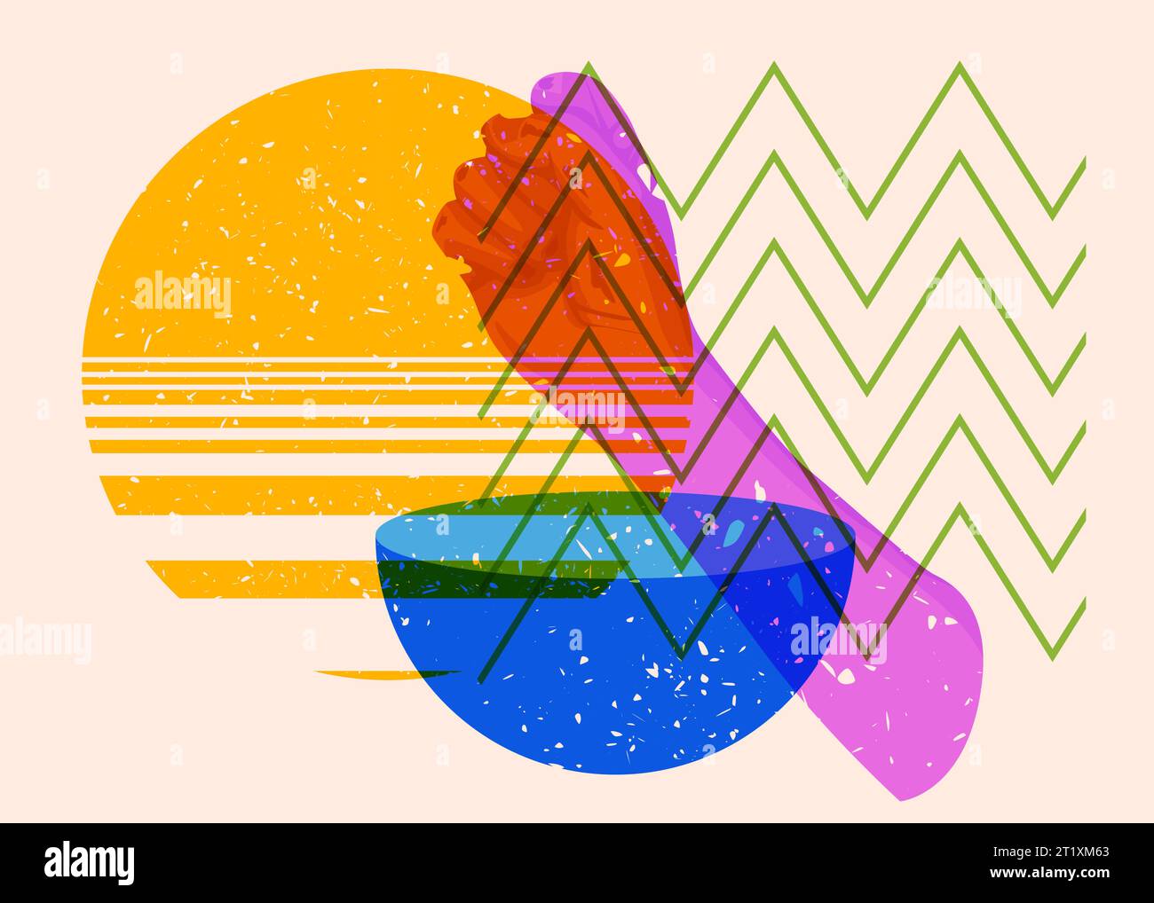 Risograph clenched, raised fists with geometric shapes, trendy riso ...