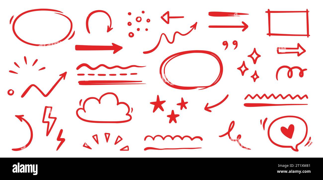 Hand drawn red line star sparkle, emphasis, underline element set. Hand ...