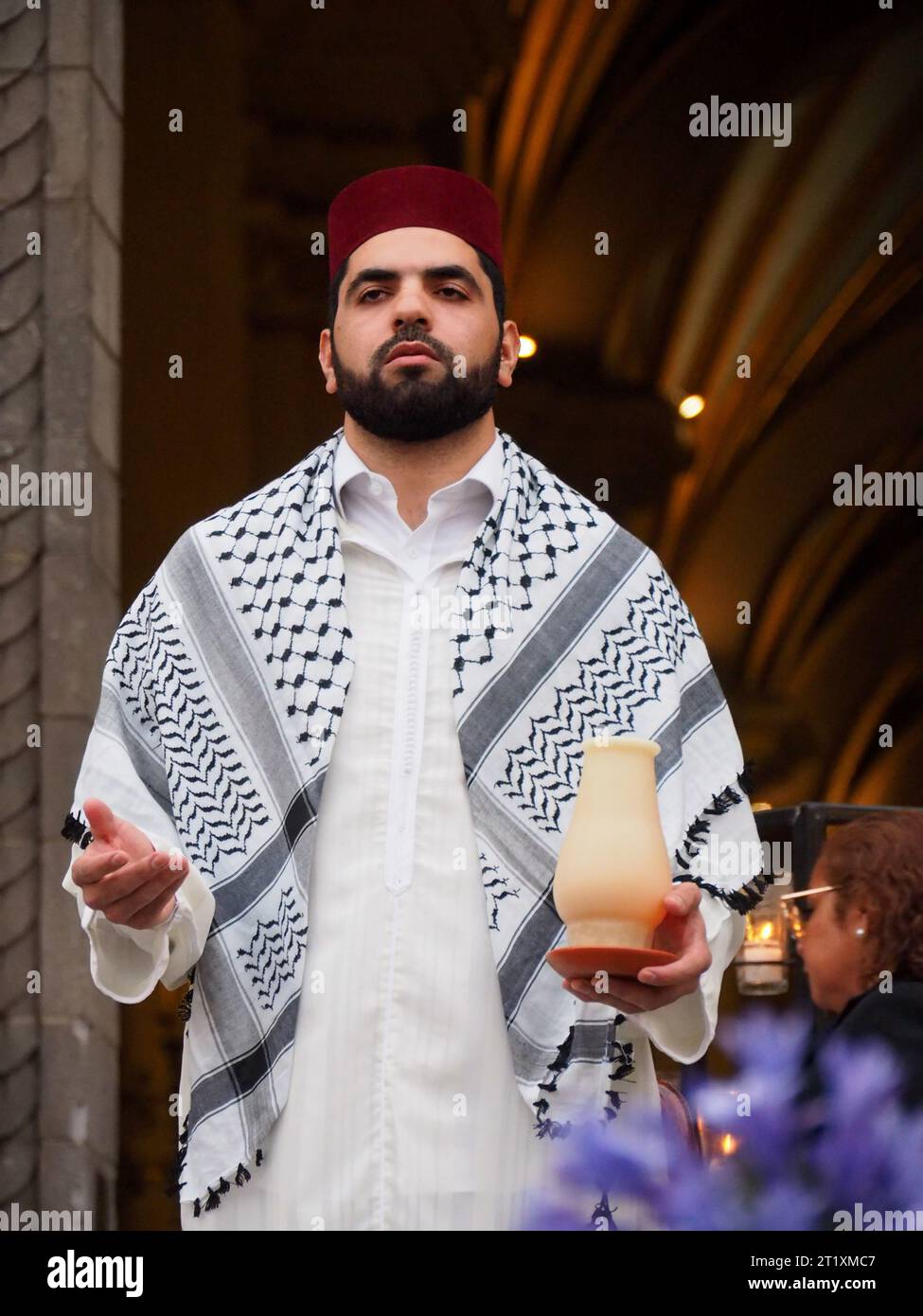 Lima, Peru. 15th Oct, 2023. Sheikh Mohammed Kobbi from the Islamic Association of Peru, praying ...