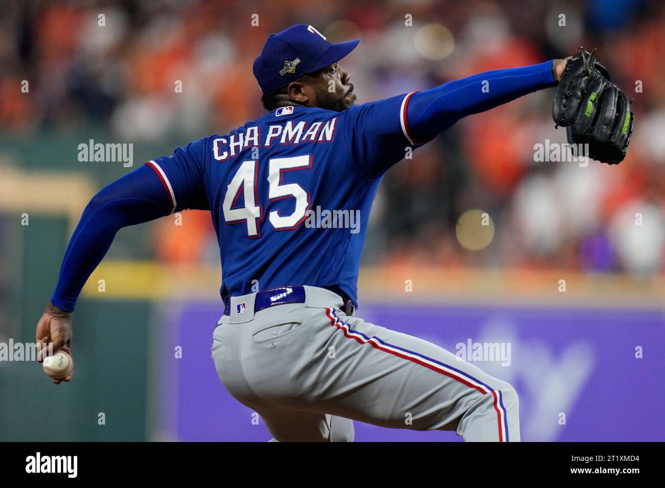 Texas Rangers relief pitcher Aroldis Chapman throws during the eighth ...