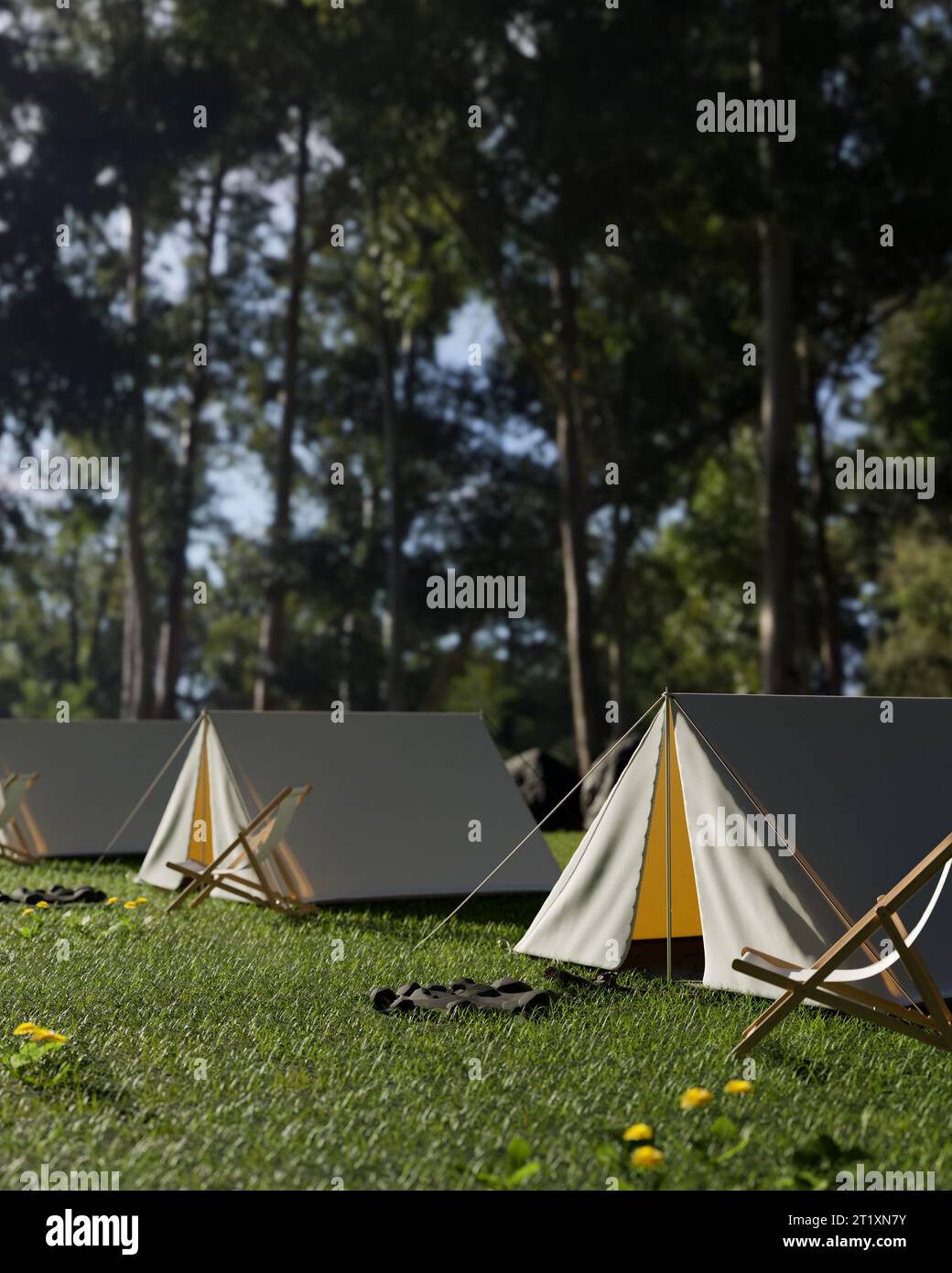 A campsite in a beautiful green forrest with big trees. Tents in camping area. 3d render, 3d ...