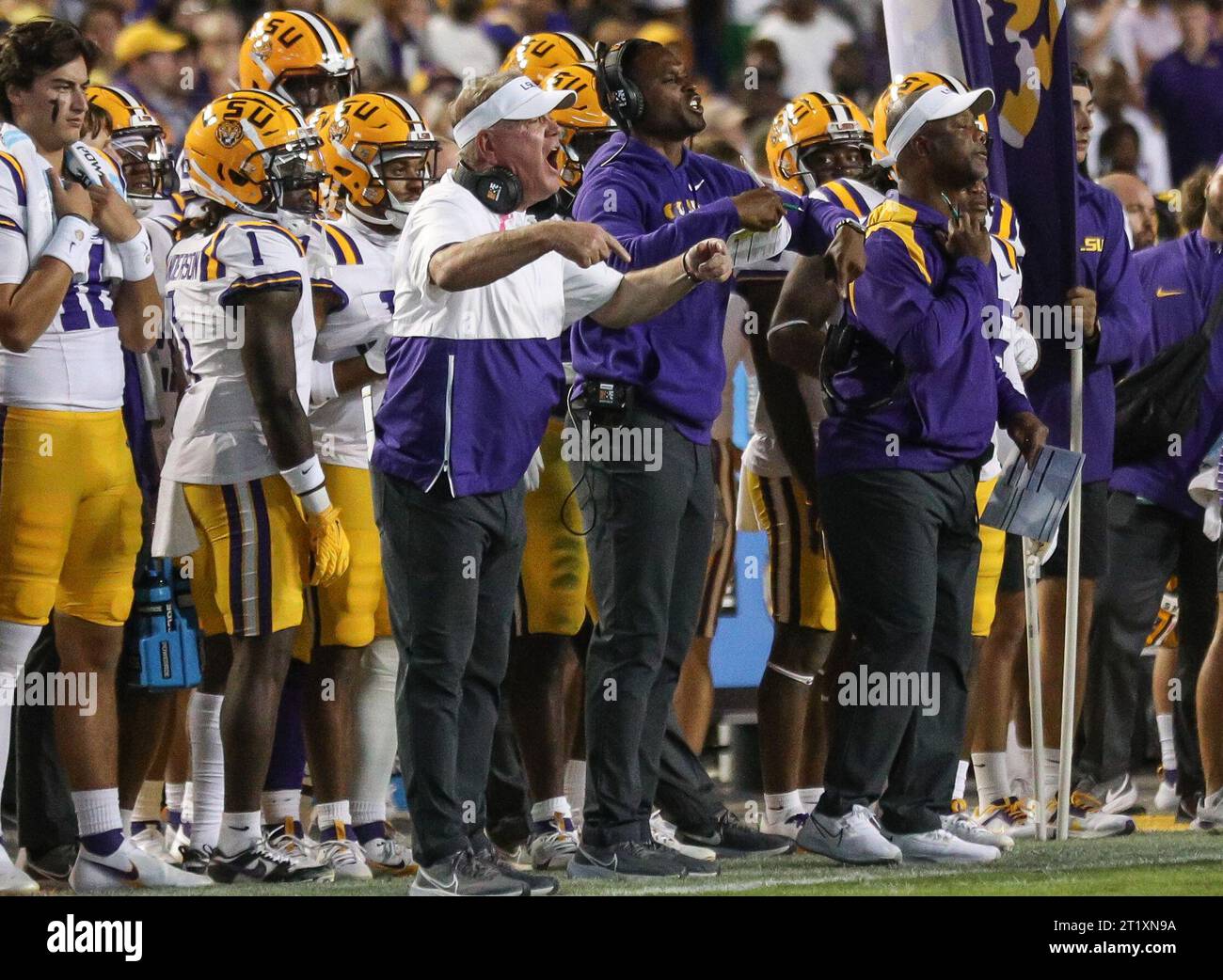 Baton Rouge, LA, USA. 14th Oct, 2023. LSU head coach Brian Kelly yells ...