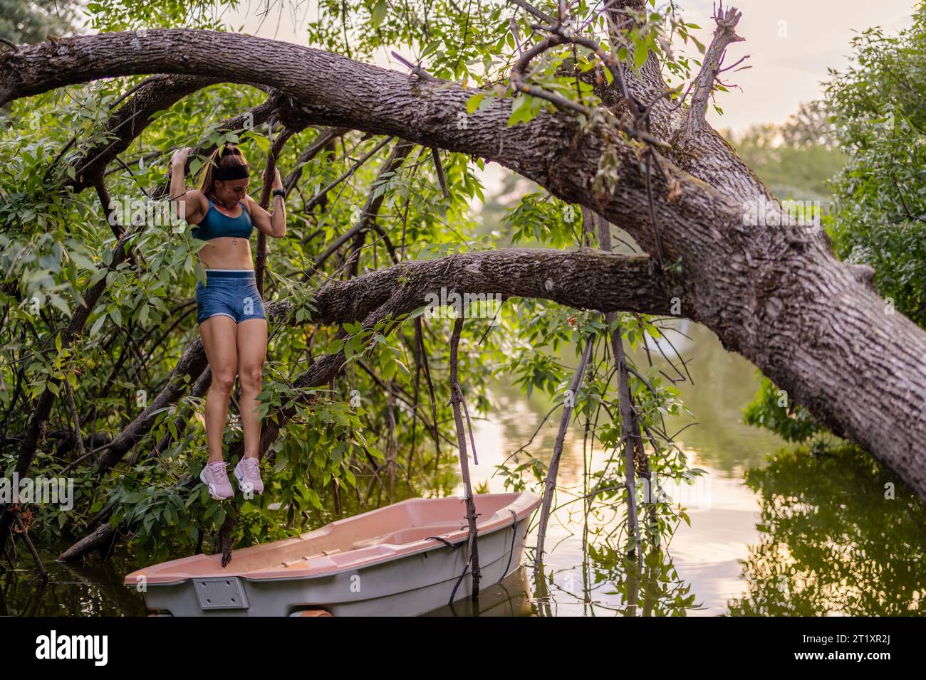 An attractive woman climbs a tree in a green park, exercising and ...