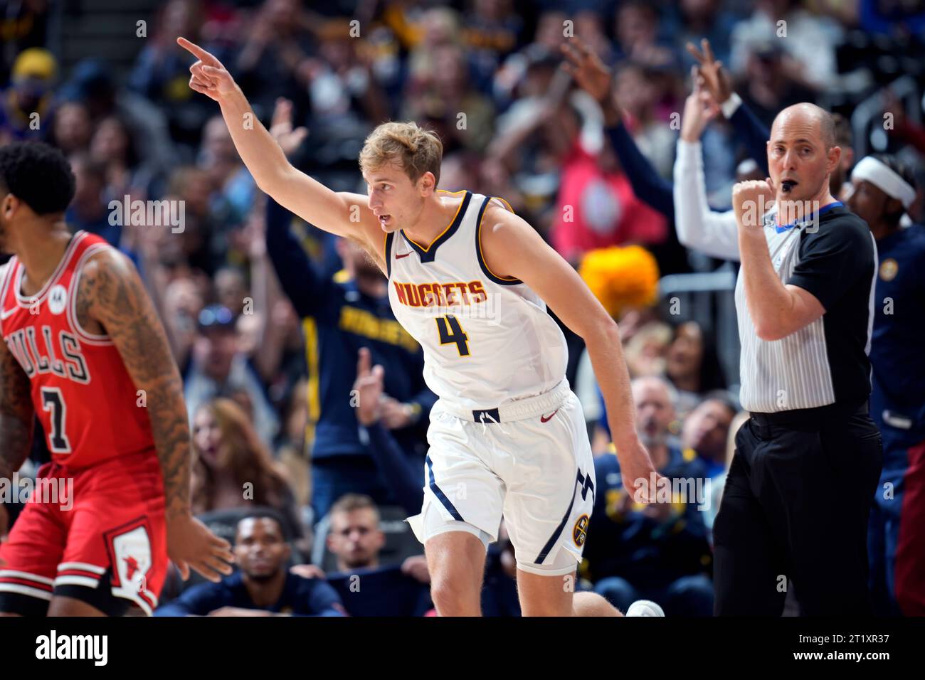 Denver Nuggets forward Hunter Tyson gestures after hitting a basket ...