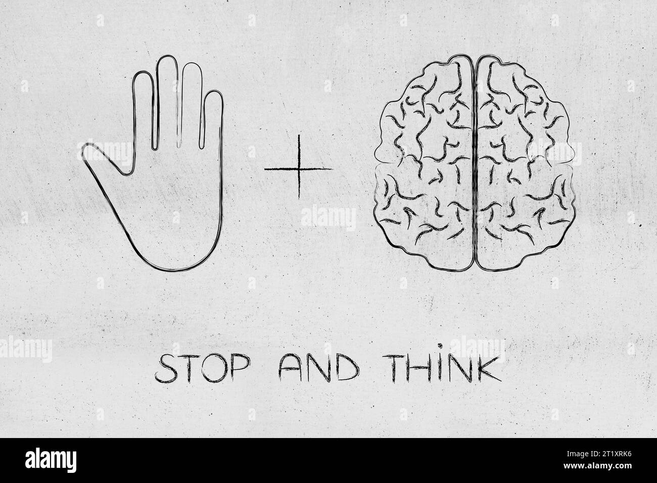 stop and think conceptual illustration, hand gesture and brain icons ...