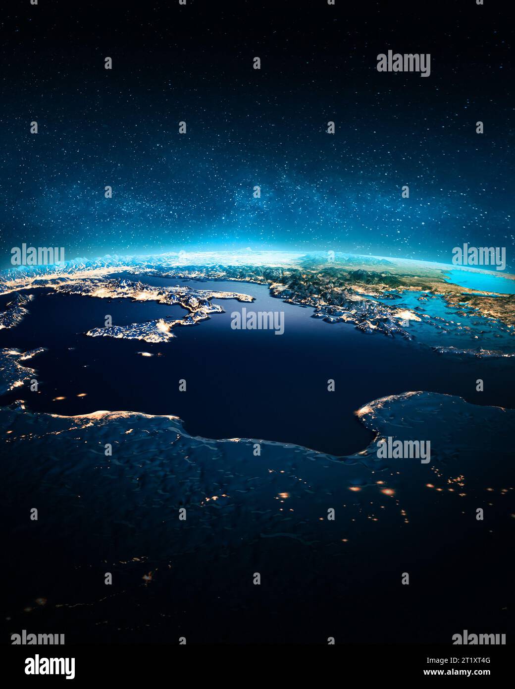 Mediterranean at night. Elements of this image furnished by NASA. 3d ...