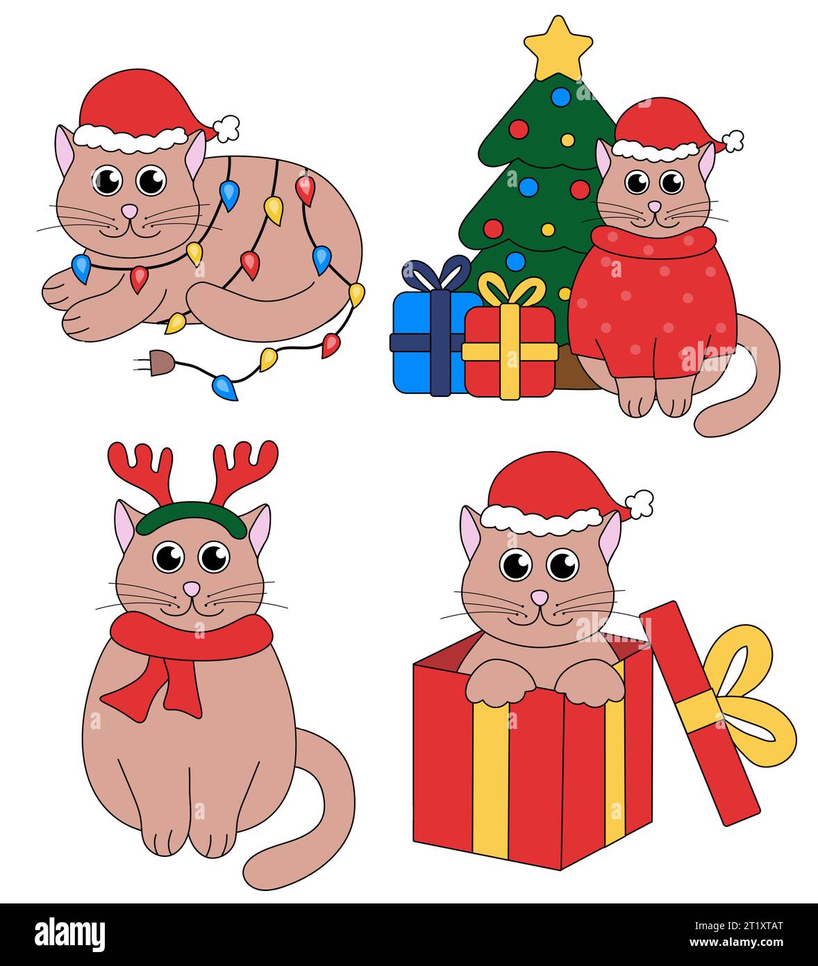 Set of cartoon Christmas and New Year Cat characters. Cute Kittens in ...