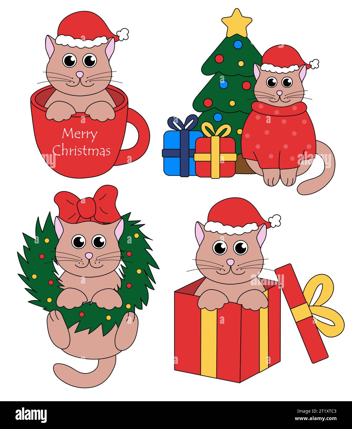 Set of cartoon Christmas and New Year Cat characters. Cute Kittens in ...