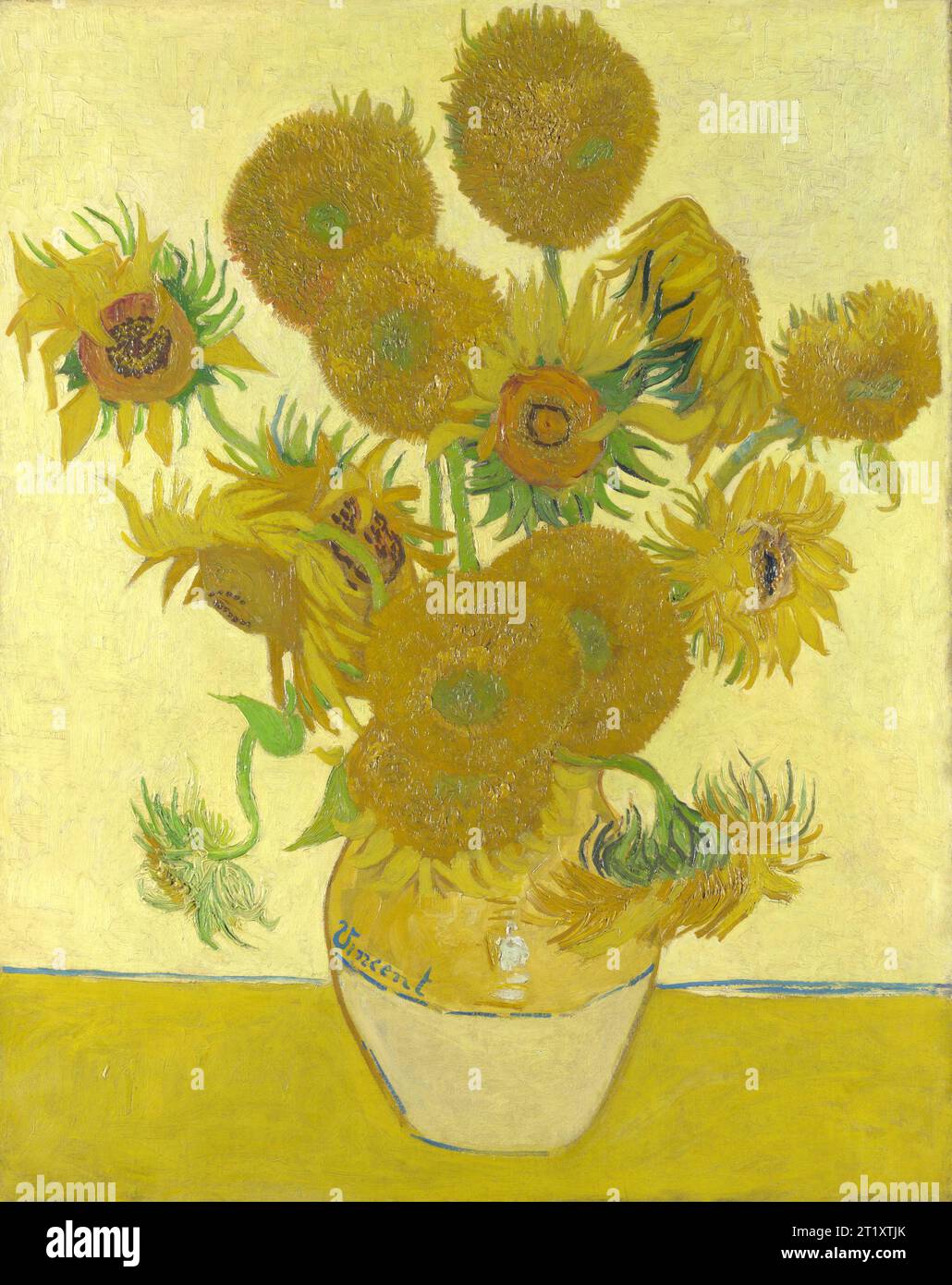 Van Gogh, art and painting of sunflower, bouquet and vase on table with ...
