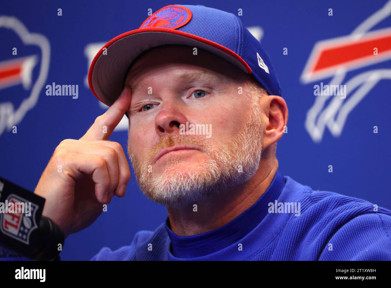 Buffalo Bills head coach Sean McDermott listens to a reporter's ...