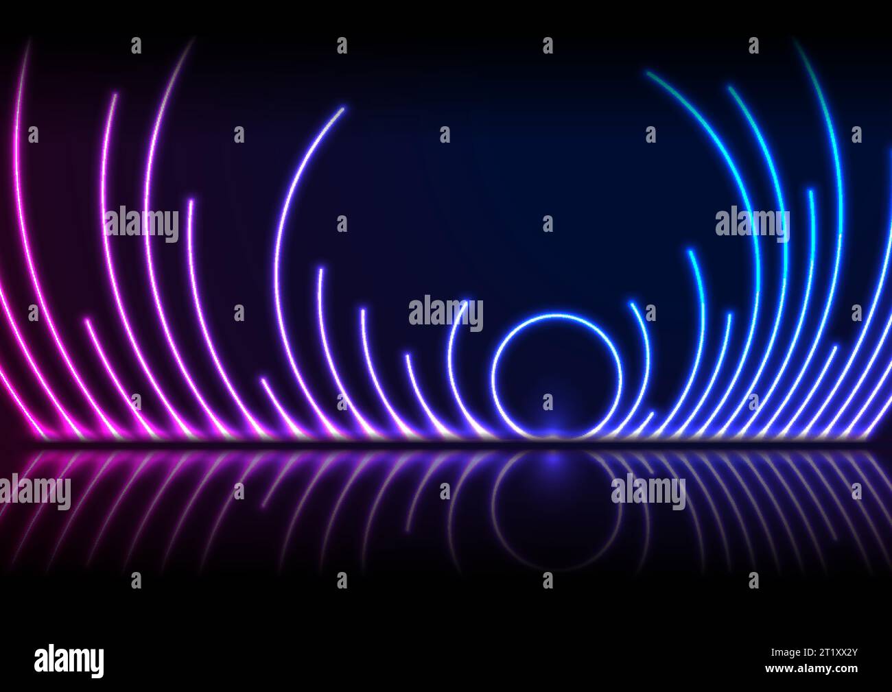 Blue and ultraviolet neon laser circles with reflection. Abstract ...