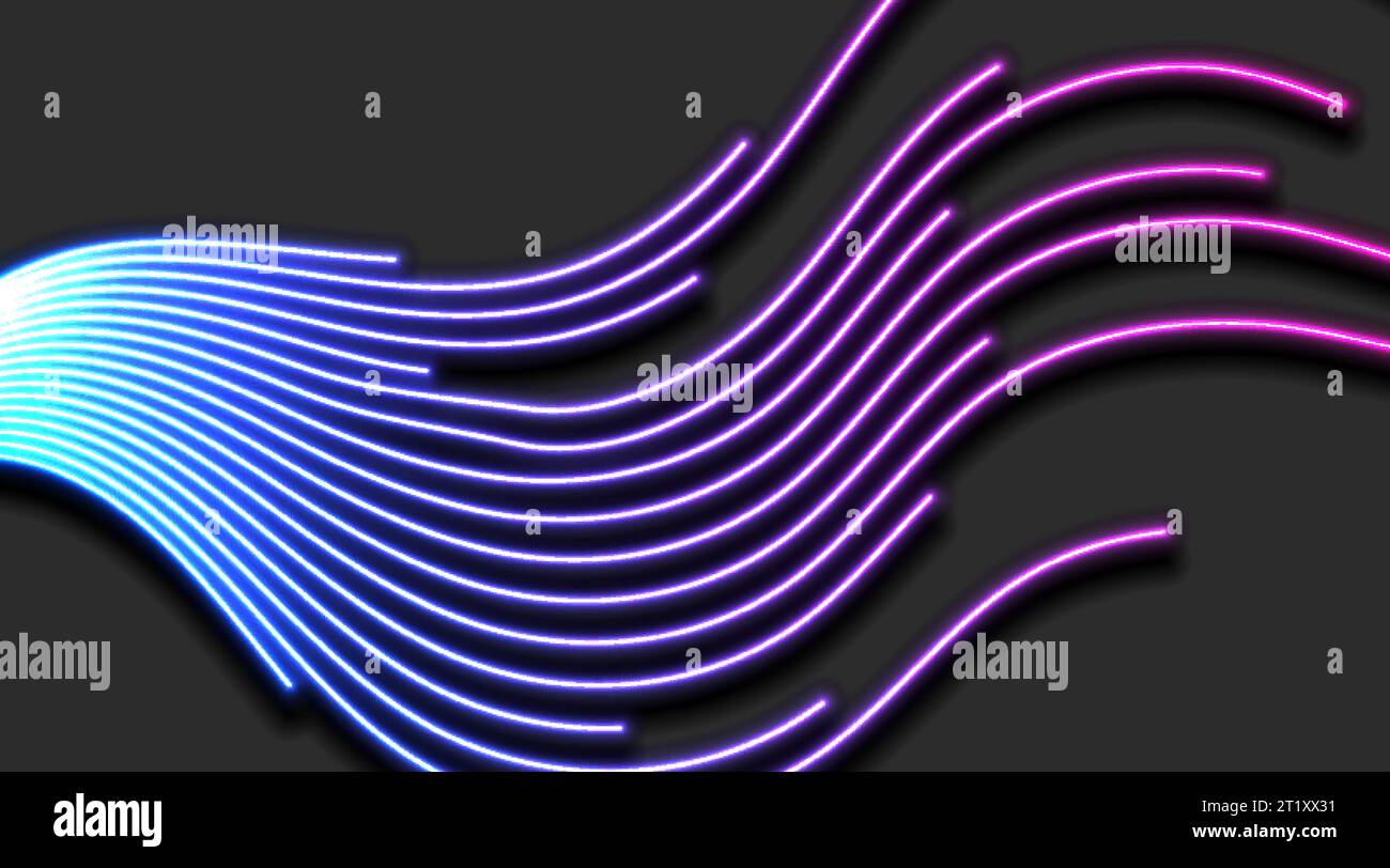 Blue and ultraviolet neon laser glowing curved wavy lines abstract background. Vector design ...