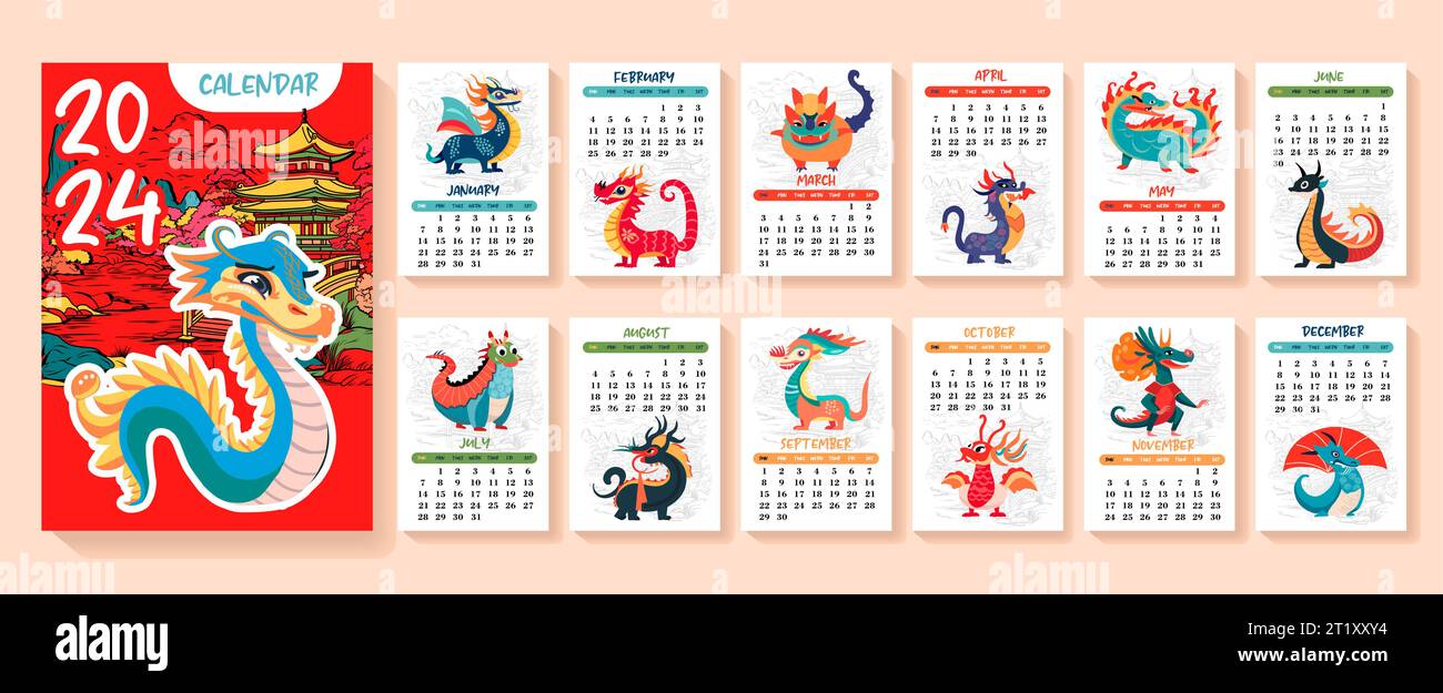 Dragon, white dragon calendar or A4 planner for 2024 with cartoon ...