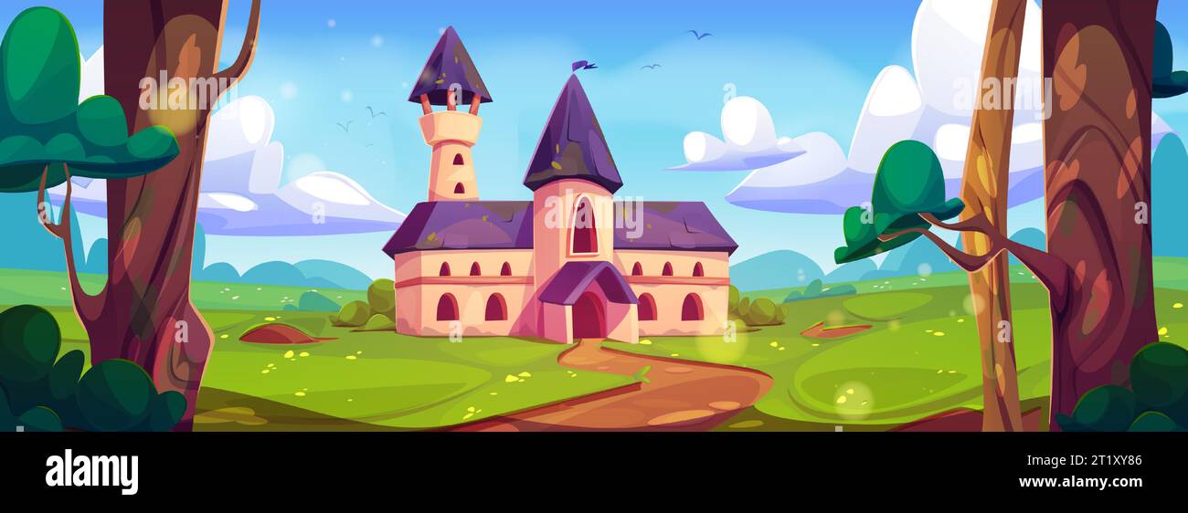 Fairytale medieval castle in natural landscape. Cartoon vector ...