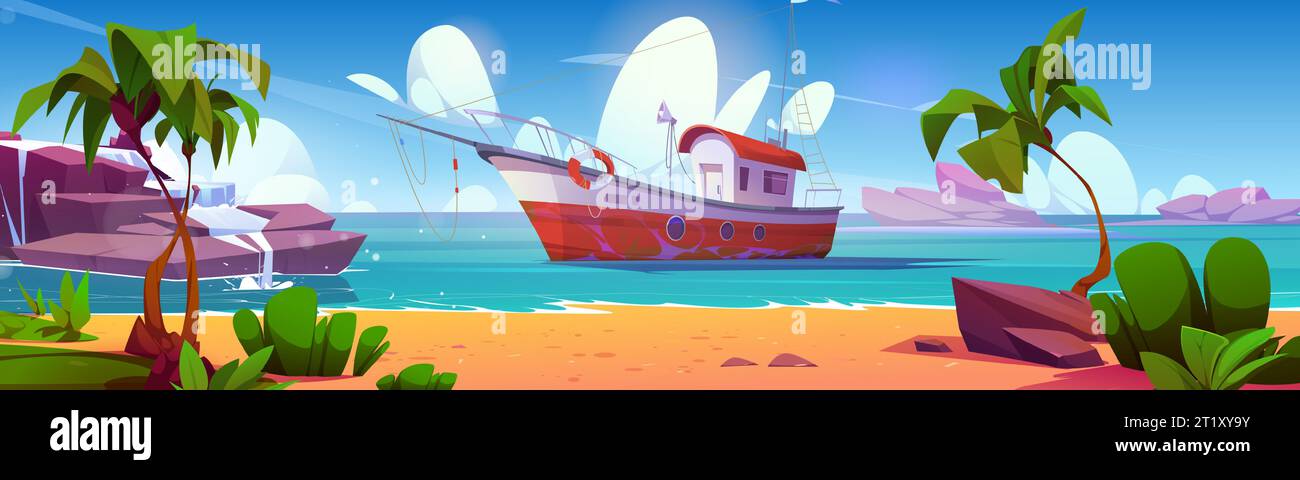 Fishing boat at sea or ocean shore. Cartoon vector summer sunny ...