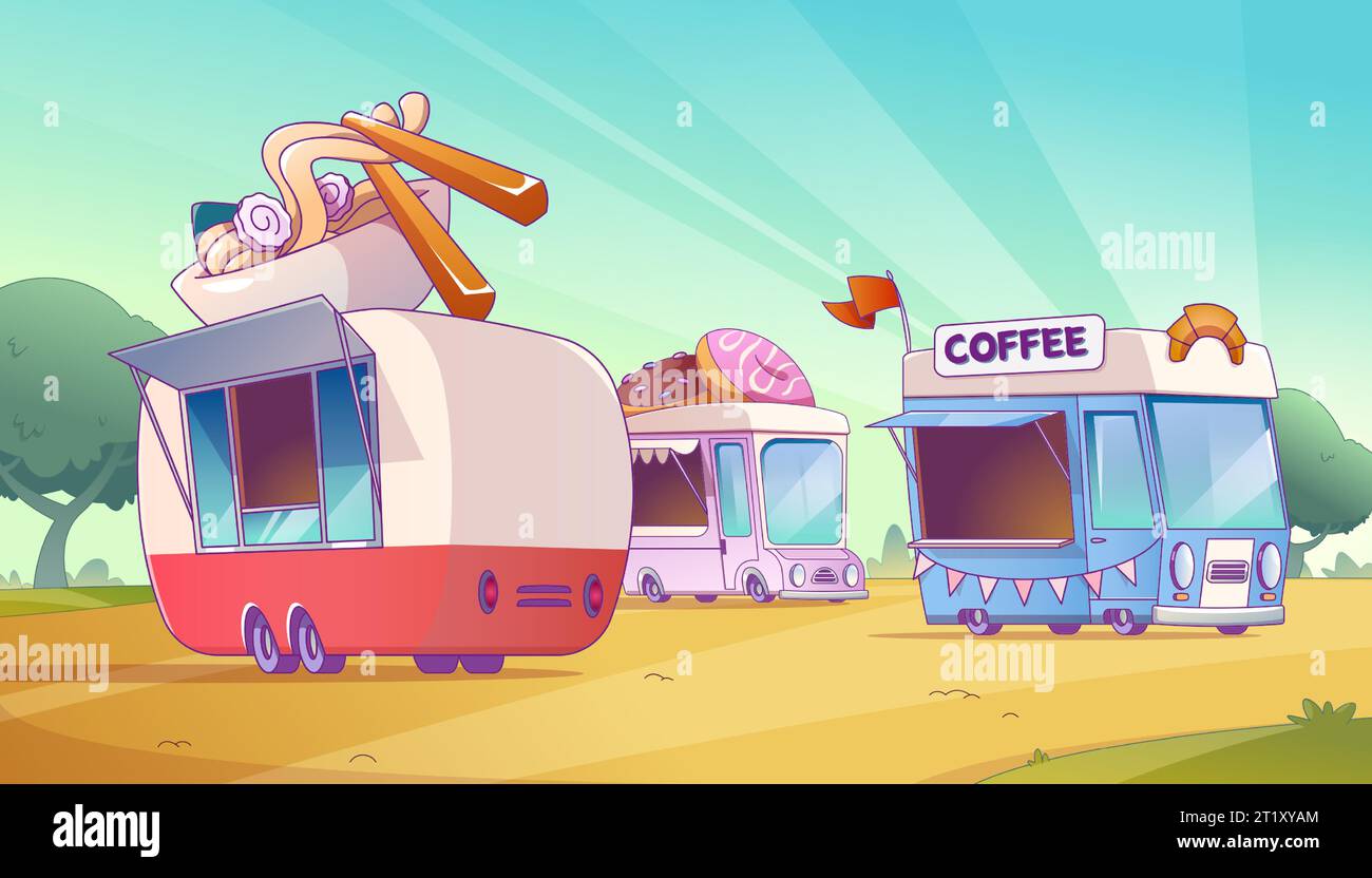 Food truck in city park. Cartoon vector summer landscape with cars ...