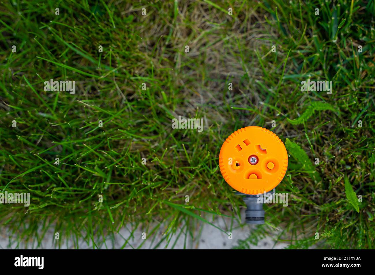 Orange sprayer with different modes of watering the lawn, close-up, top ...