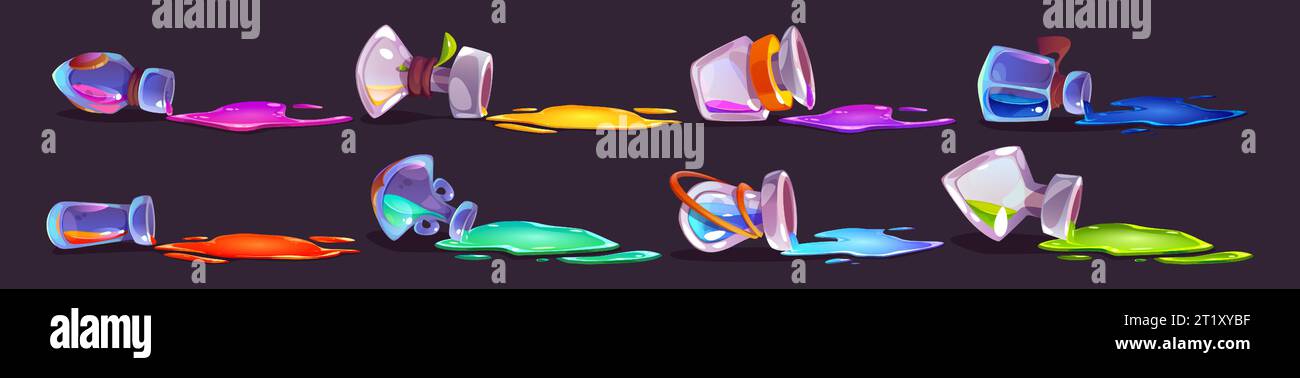 Glass bottles with magic elixir spills set isolated on background ...