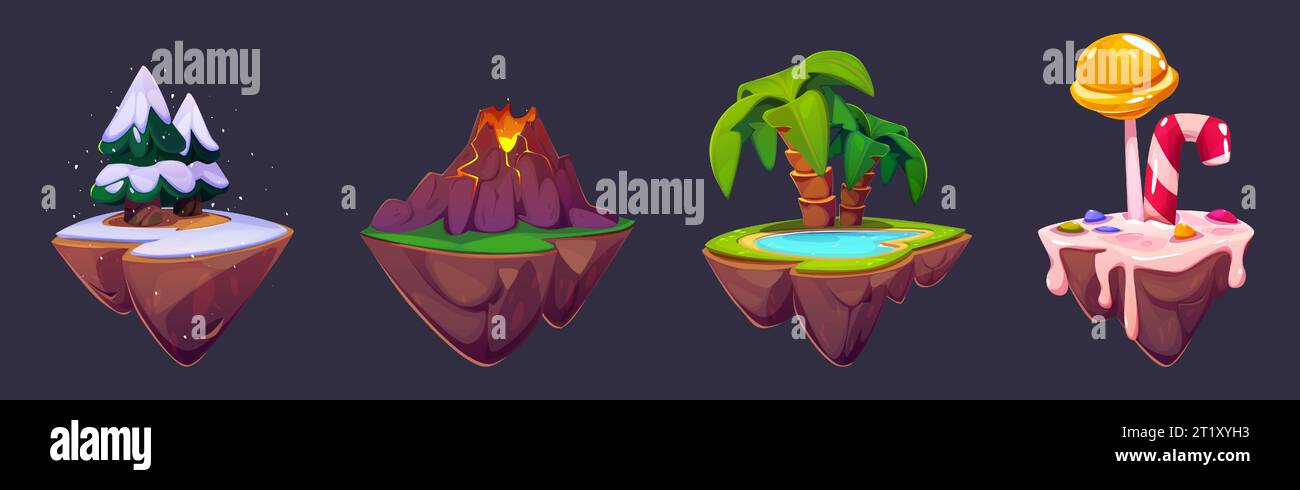 Set of floating islands for game ui isolated on black background ...