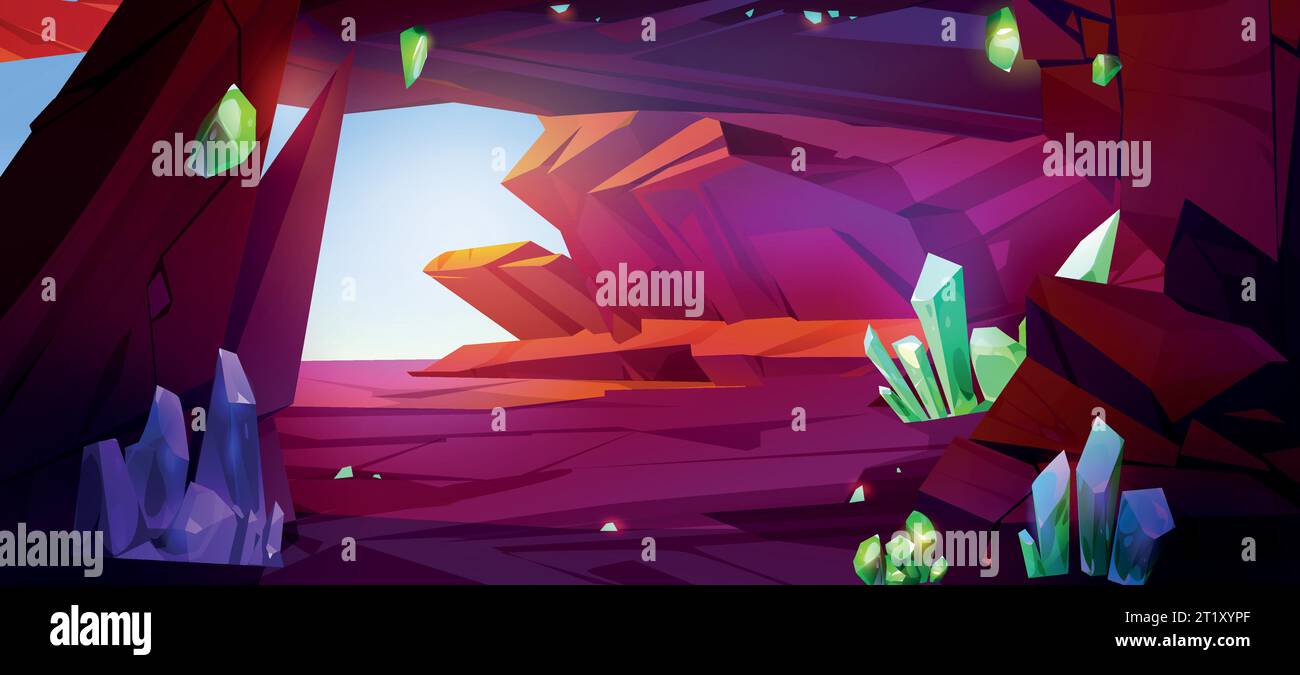 Exit from cave with gemstones on walls. Vector cartoon illustration of ...