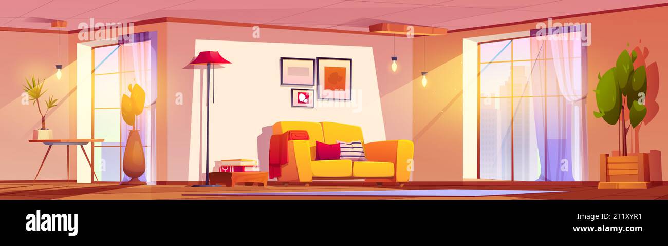 Living room interior with furniture and sun beam through large window ...