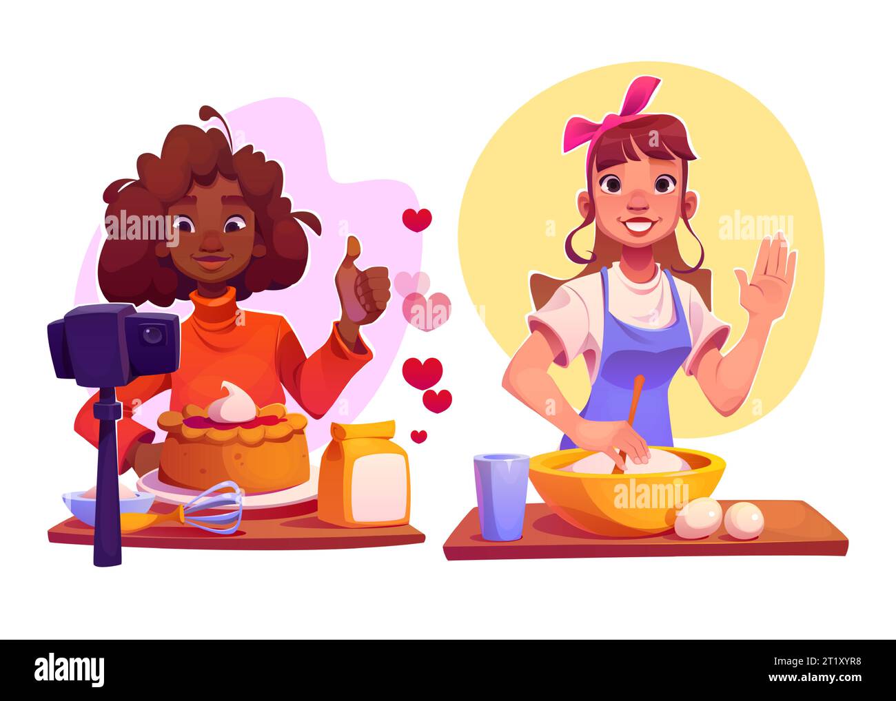 Online cooking classes - cartoon vector illustration set of two young ...