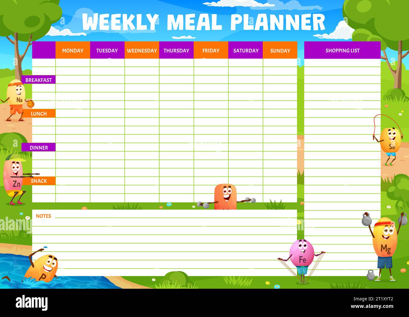 Weekly meal planner, cartoon vitamin sportsman characters, vector food ...