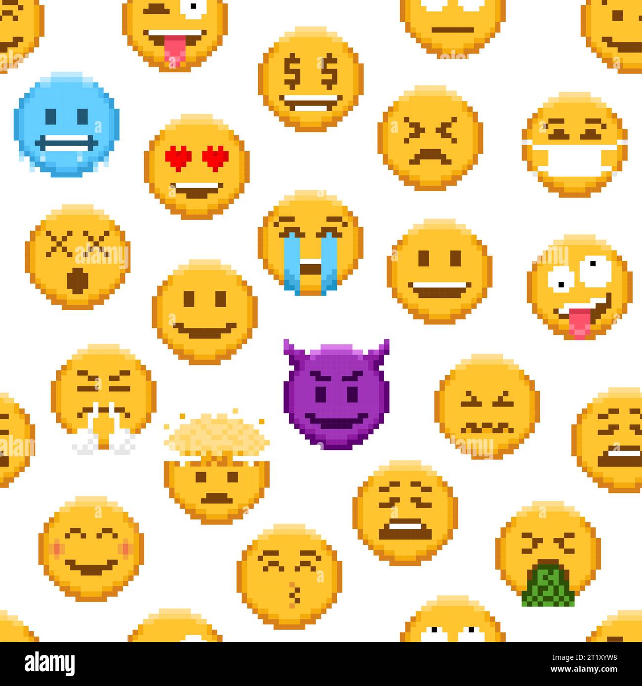 Pixel emoji seamless pattern background, vector 8 bit emoticon and face ...