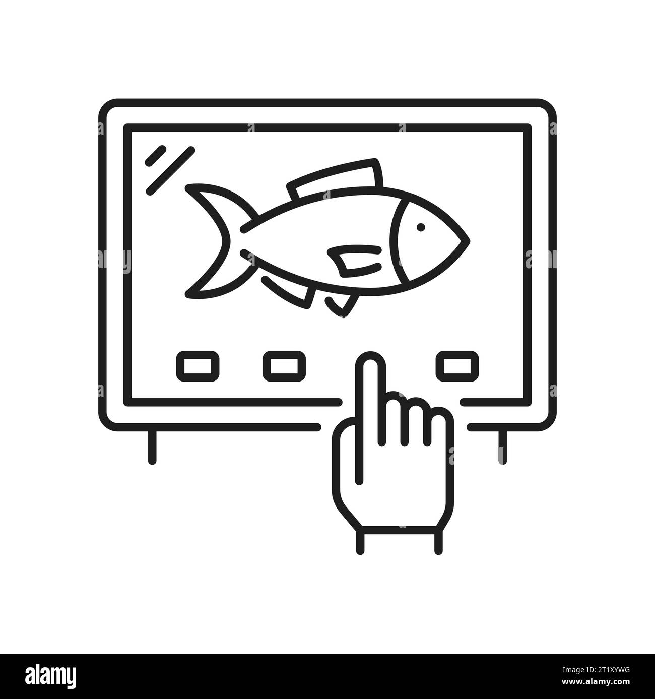Fish on screen, fishing industry line icon. Manufacturing of ready-made ...