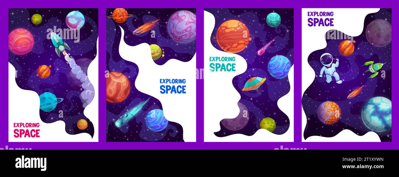 Cartoon space posters, rocket, astronaut in spaceship, space planets ...
