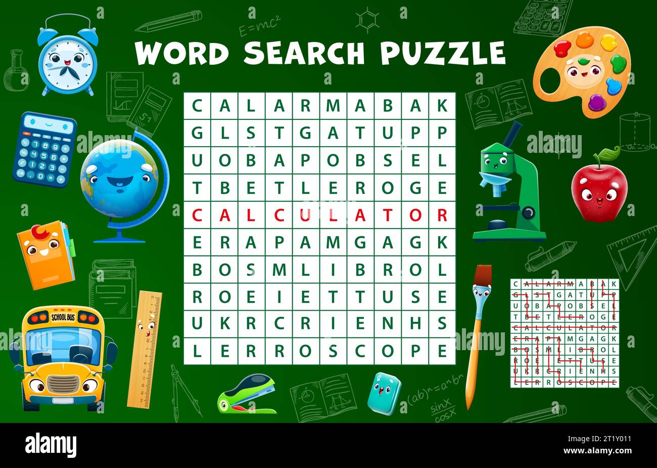 Word search puzzle game. School stationery cartoon characters vector ...