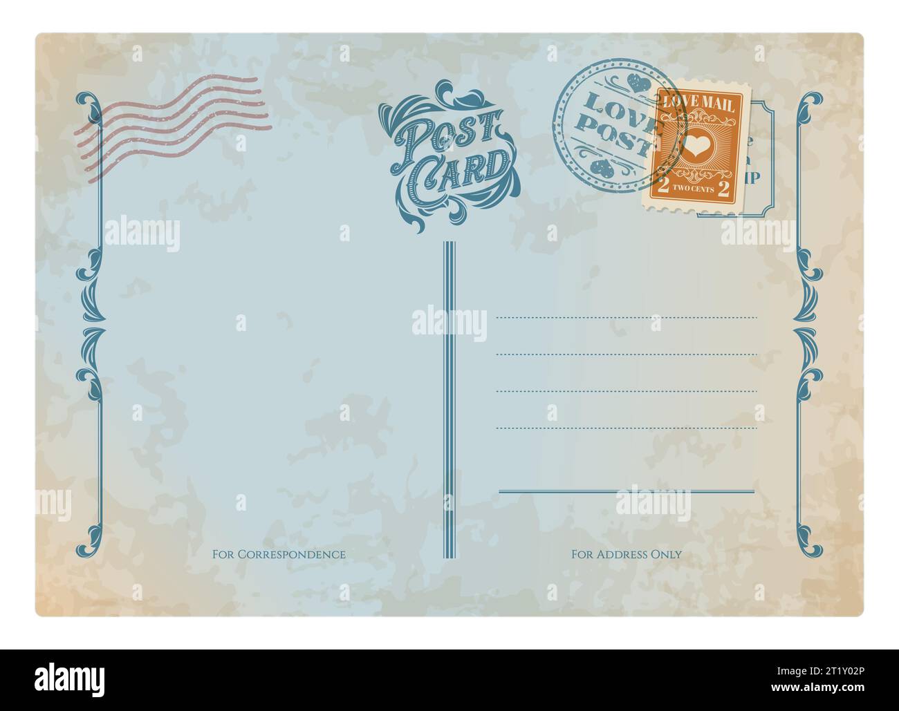 Valentine day antique postcard, retro postage stamp and vintage mail ...