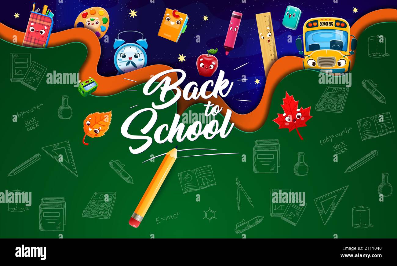 Back to school paper cut banner with education cartoon characters on ...
