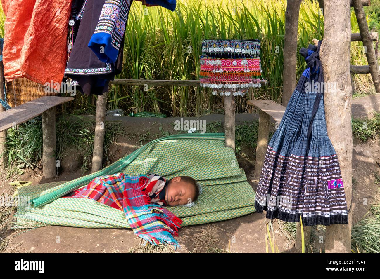 Flower Hmong baby sleeping, Mu Cang Chai, Yen Bai, Vietnam Stock Photo ...