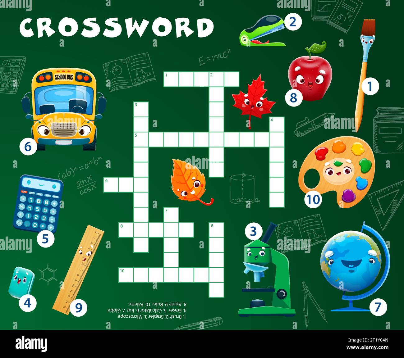 Crossword quiz game. School education stationery cartoon characters ...