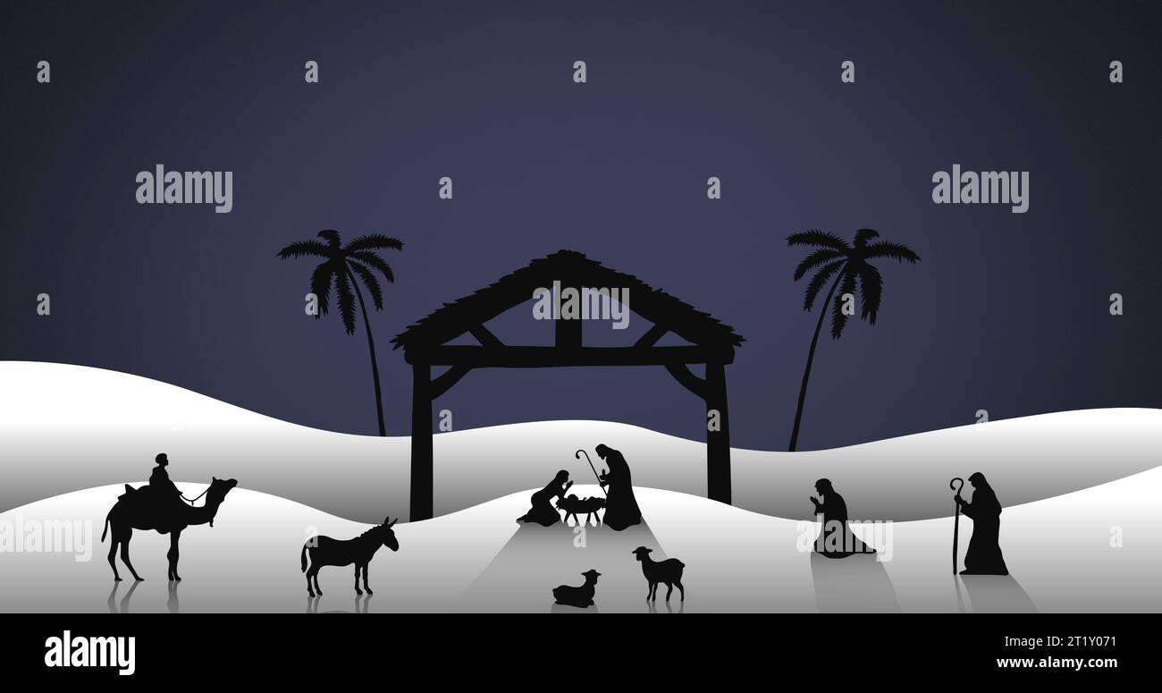 Composition of nativity scene on snow on blue background Stock Photo ...