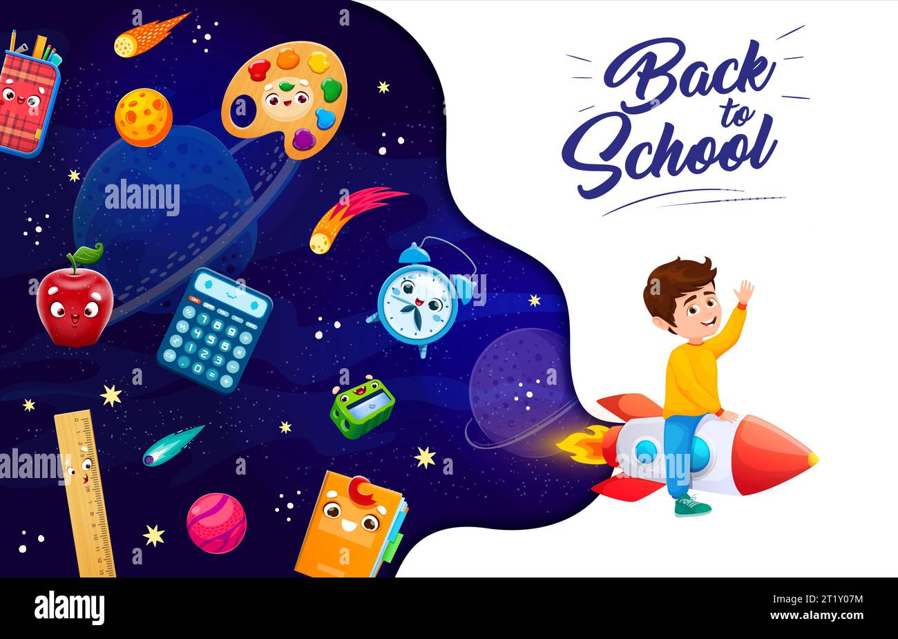 Cartoon kid boy on space rocket in starry galaxy with school supply ...