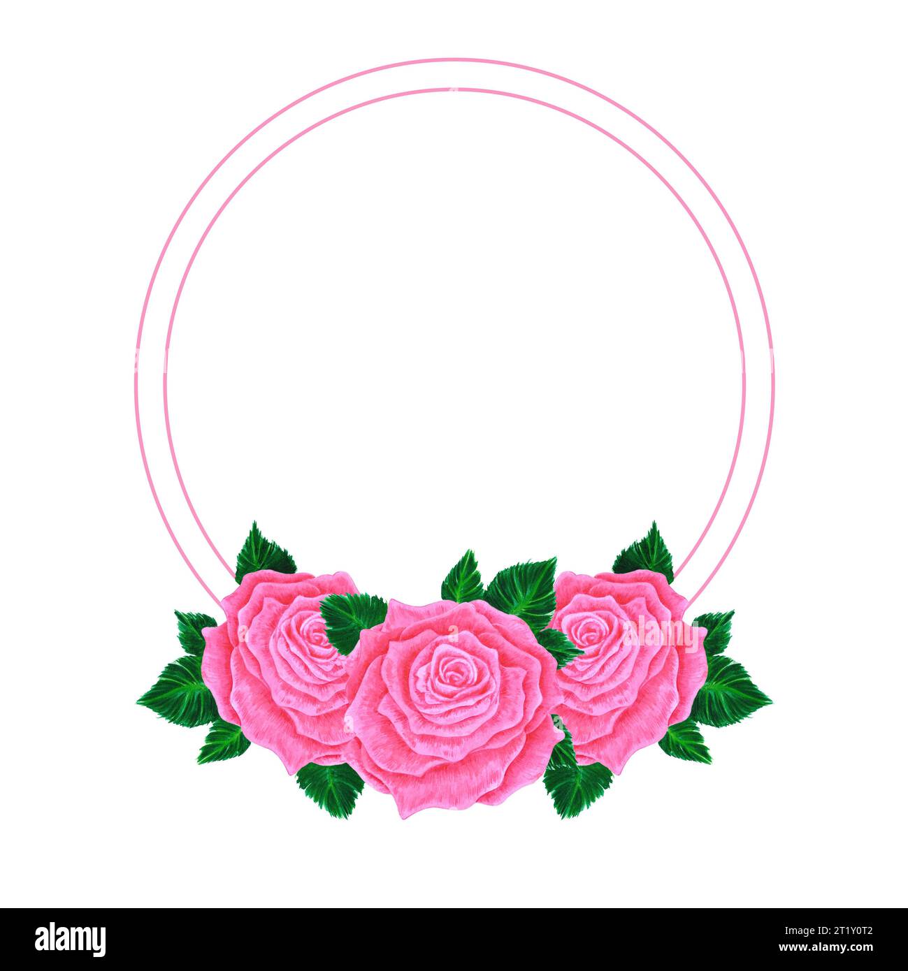 Hand drawn watercolor pink rose frame postcard isolated on white ...