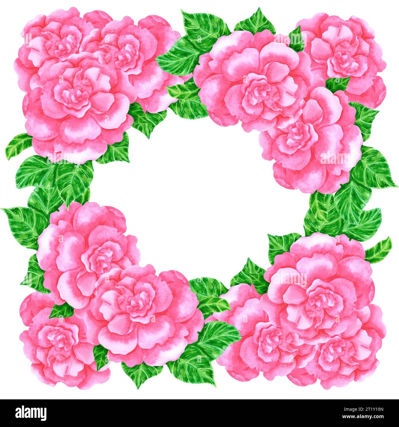 Hand drawn watercolor pink azalea wreath frame border isolated on white ...