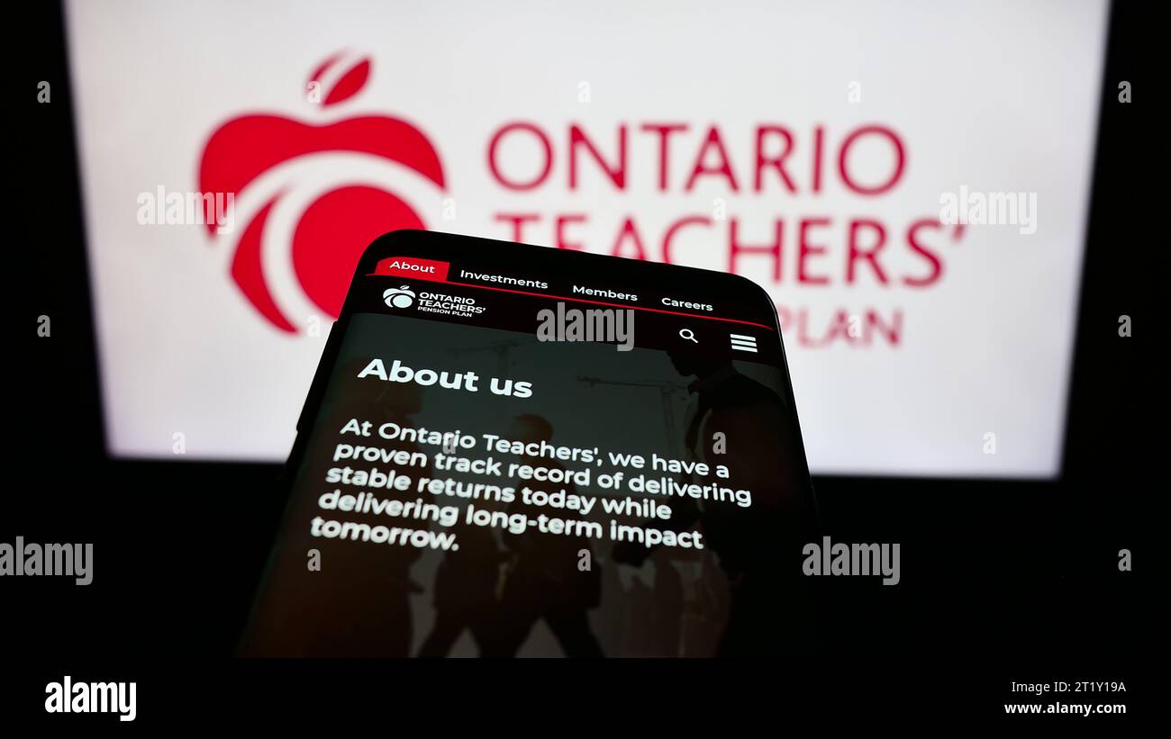 Mobile phone with webpage of organization Ontario Teachers' Pension ...