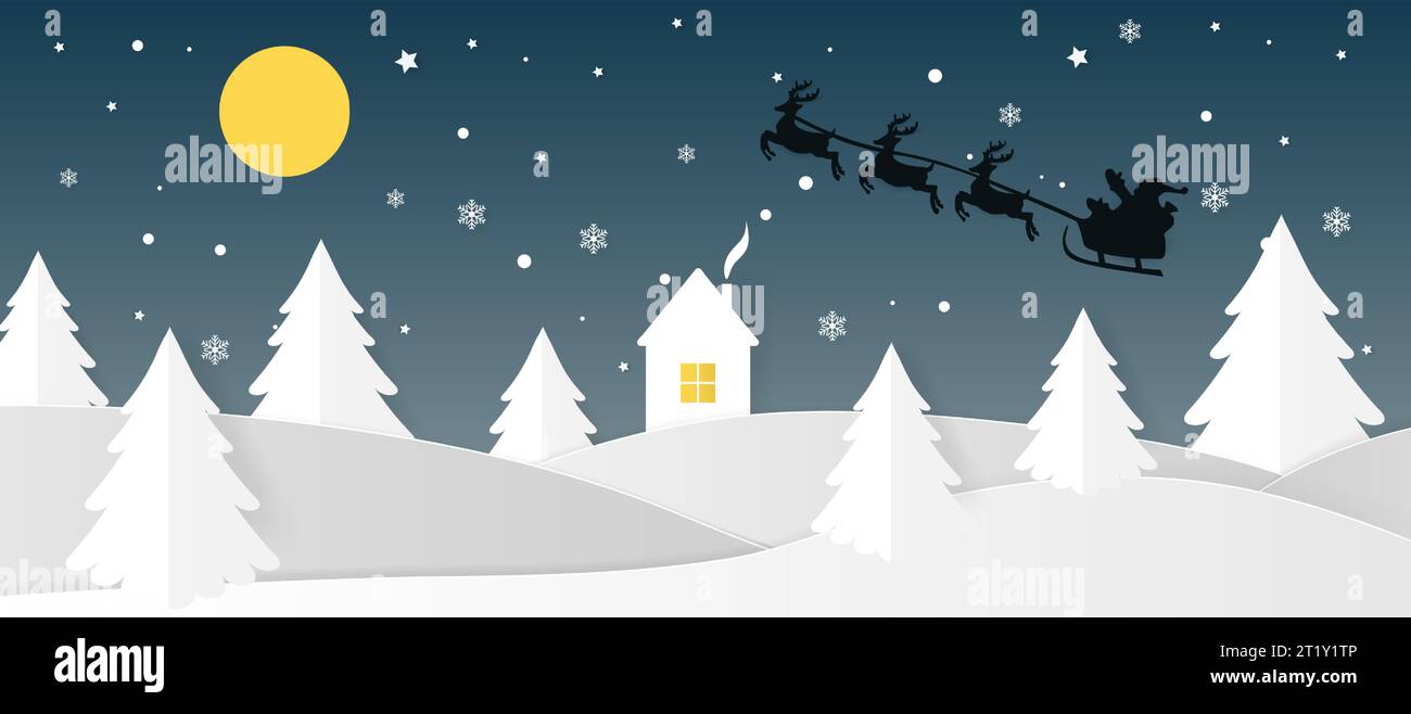 Reindeer team with Santa in the night sky over the winter forest ...